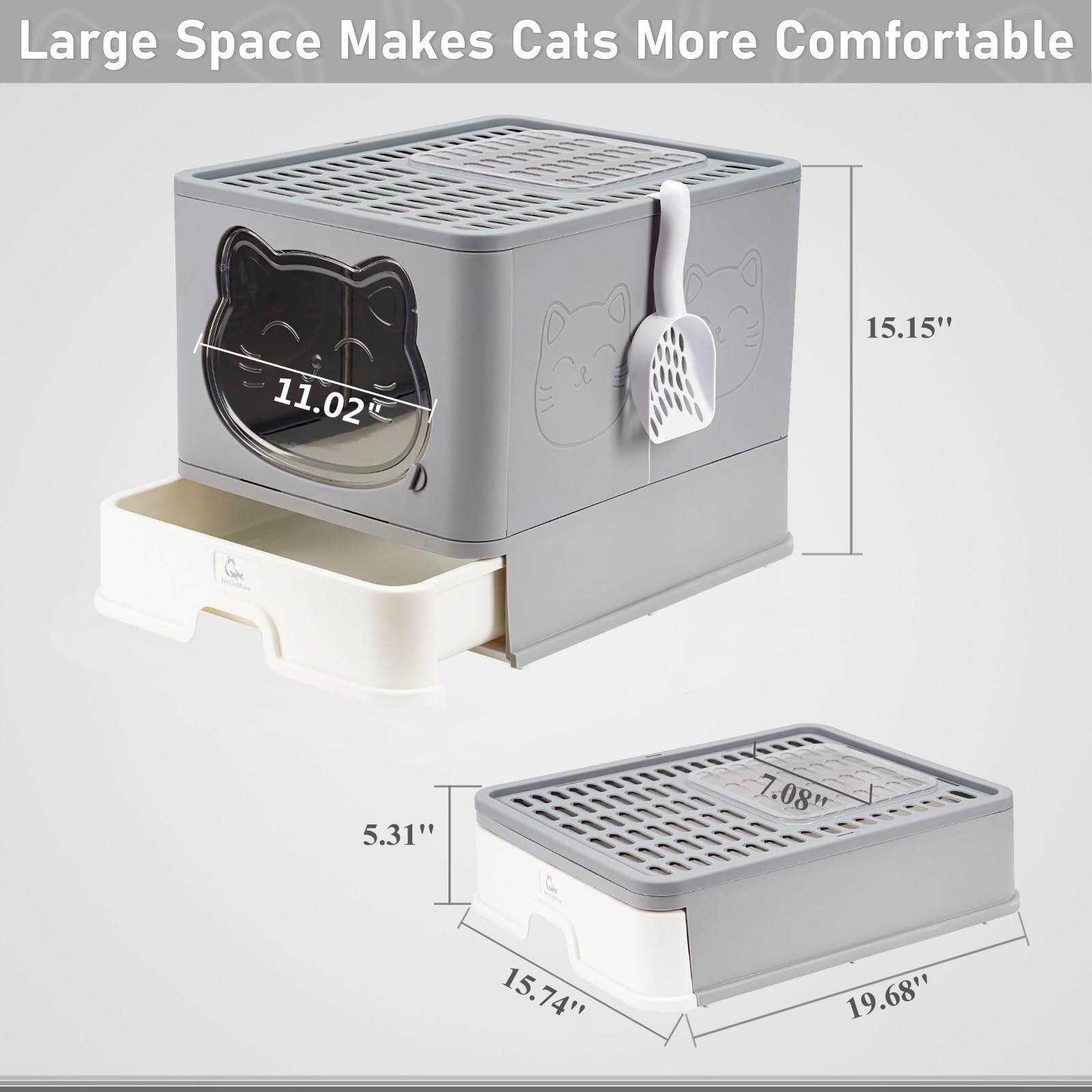 HelloMiao Fully Enclosed Cat Litter Box with Lid, Foldable Extra Large ...
