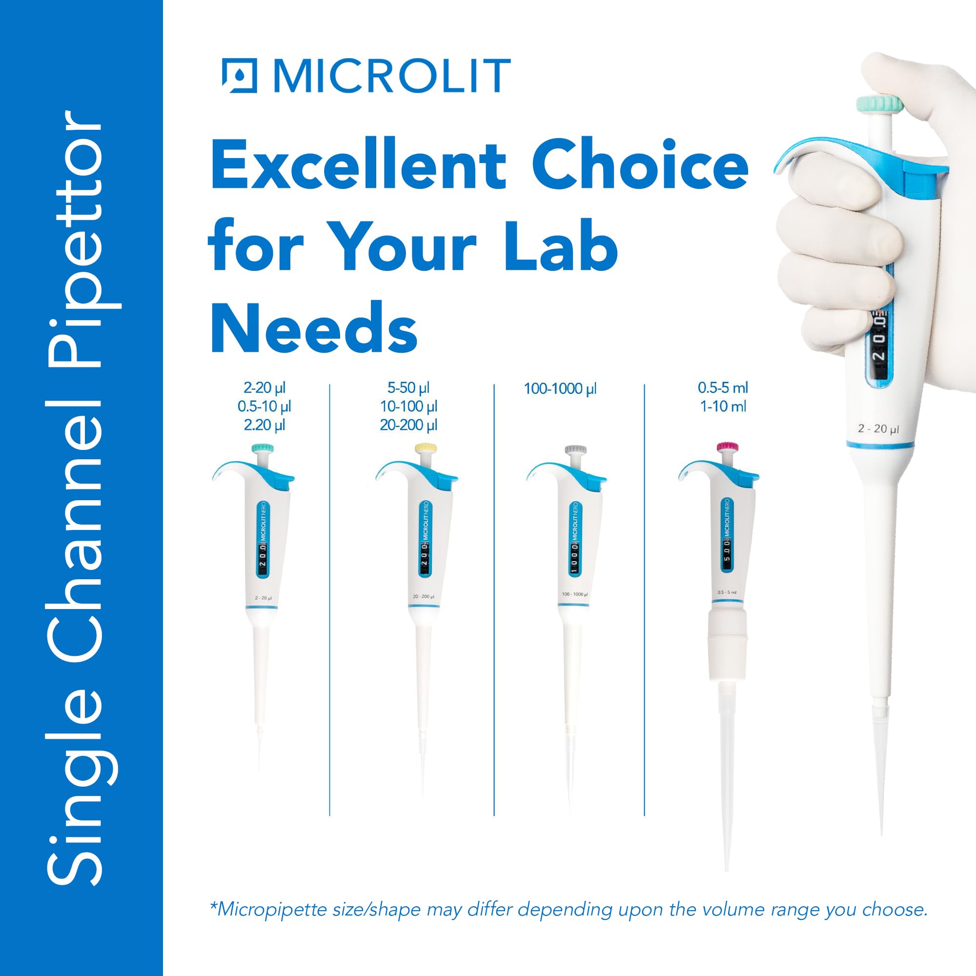 Adjustable Micropipette With Stand - 5-50 µL Universal Tip Pipettor ...