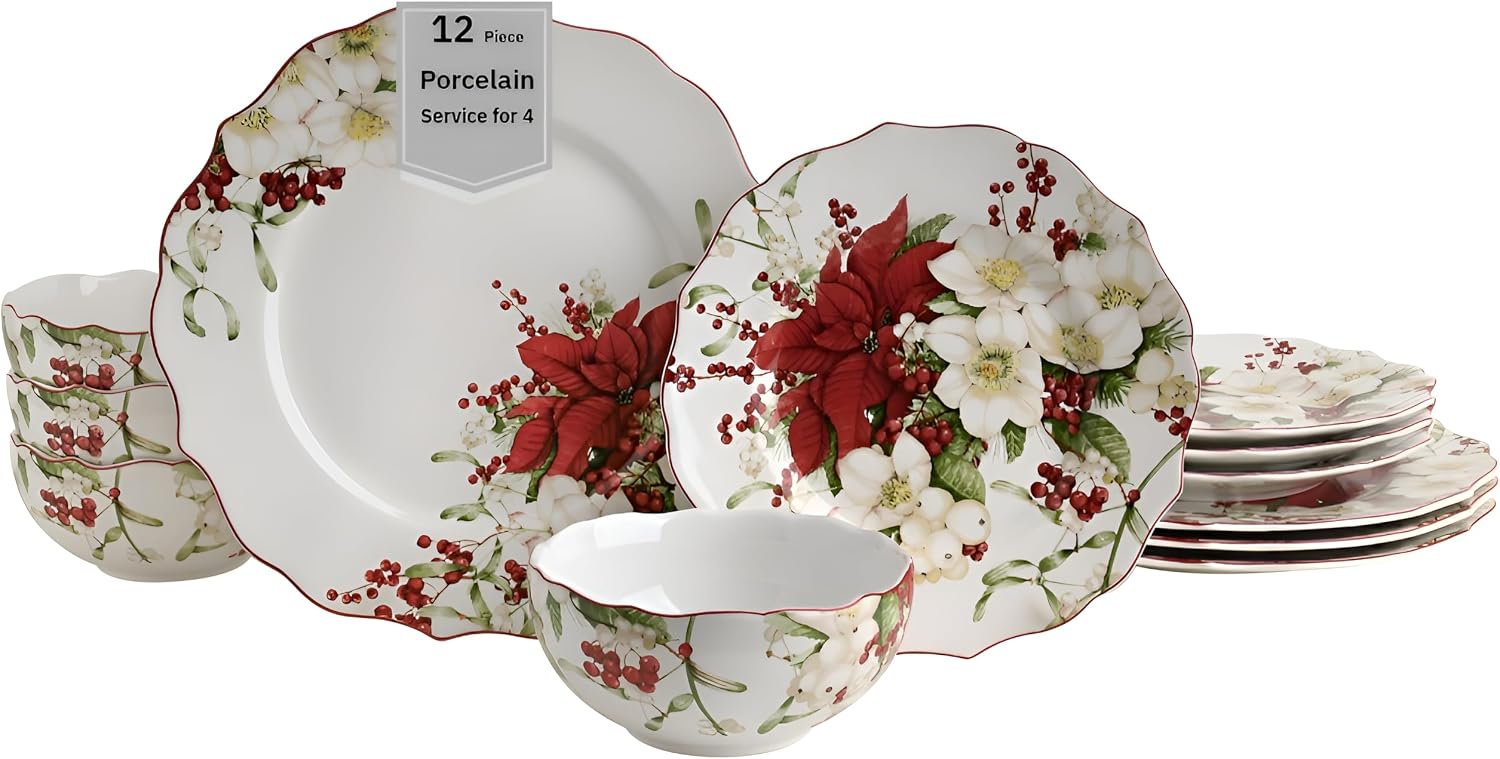 Amazon.com | 222 Fifth Winter Harmony 12-Piece Porcelain Dinnerware Set ...