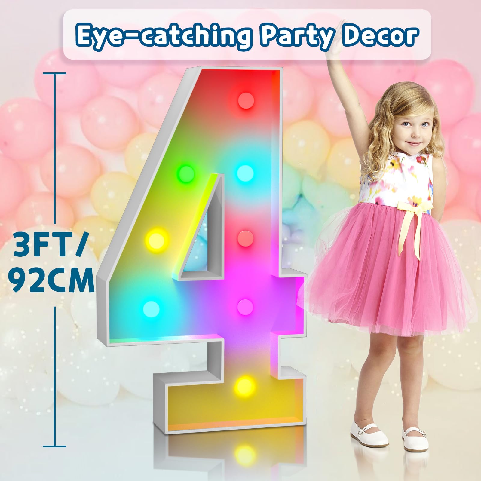 imprsv 3FT Colorful Marquee Light Up Numbers,18 Colors Number 4 with ...