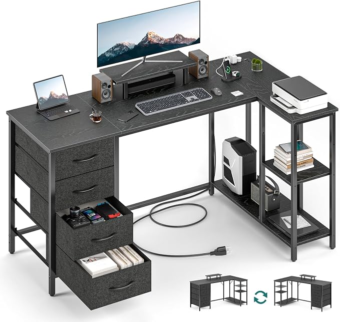 Amazon.com: sun yet 55" L Shaped Computer Desk with 4 Drawers and Power ...