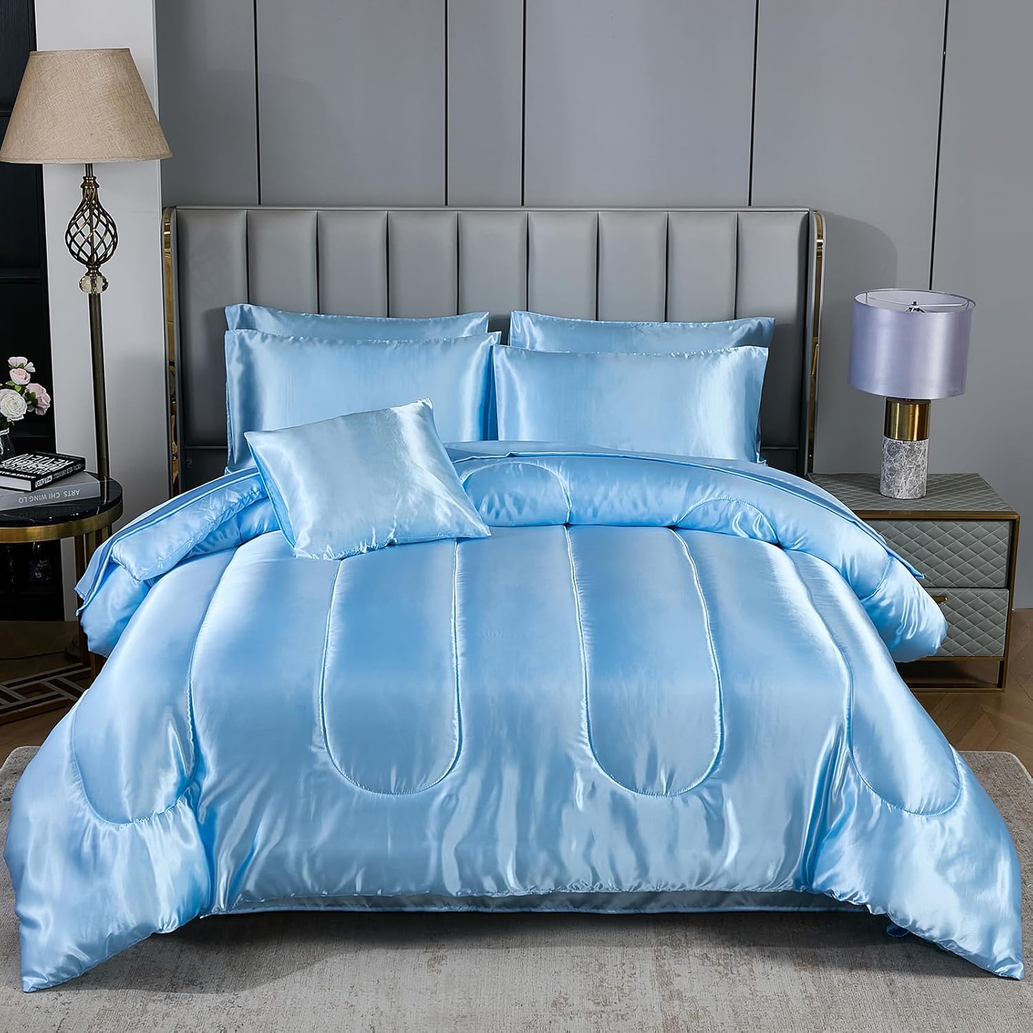 Amazon.com: Silk Like Blue Comforter Set with Sheet Sets Full 8 Pieces ...