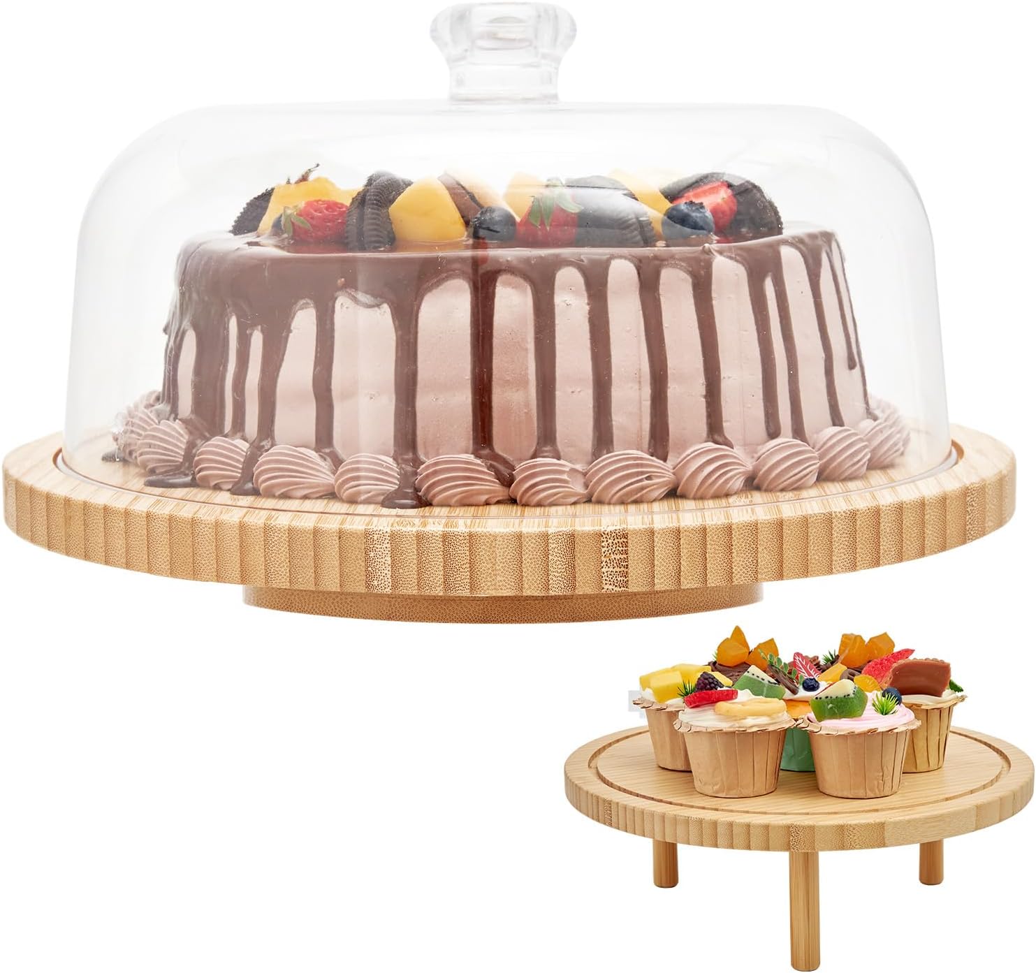 Cake Stand with Dome Lid, Ohuhu Bamboo 2-in-1 Cake Turntable Cake ...