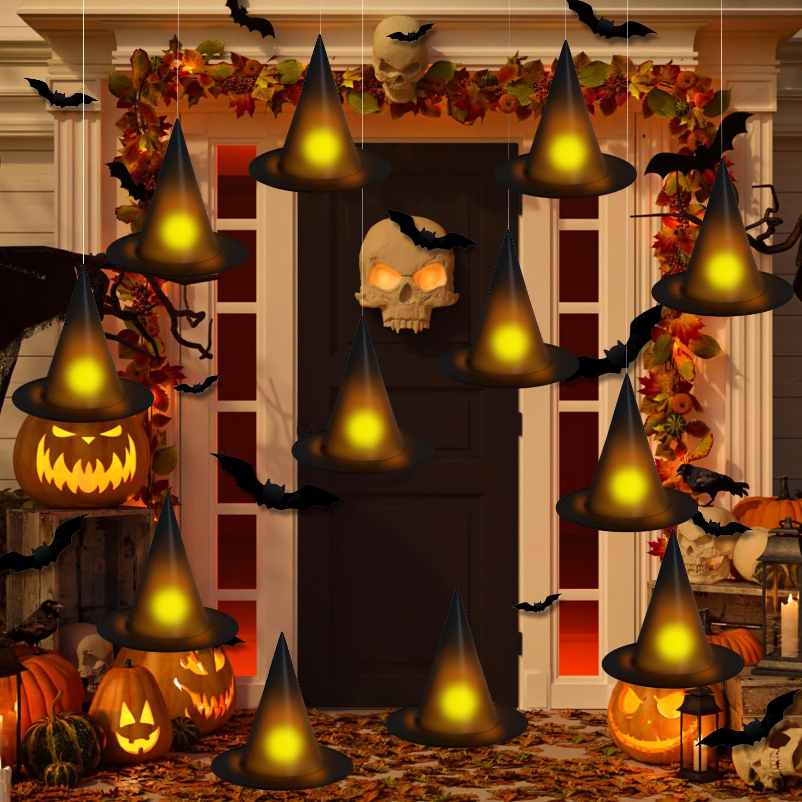 Amazon.com: YUJUN 24PCS Halloween Decorations Witch Hats Lights ...