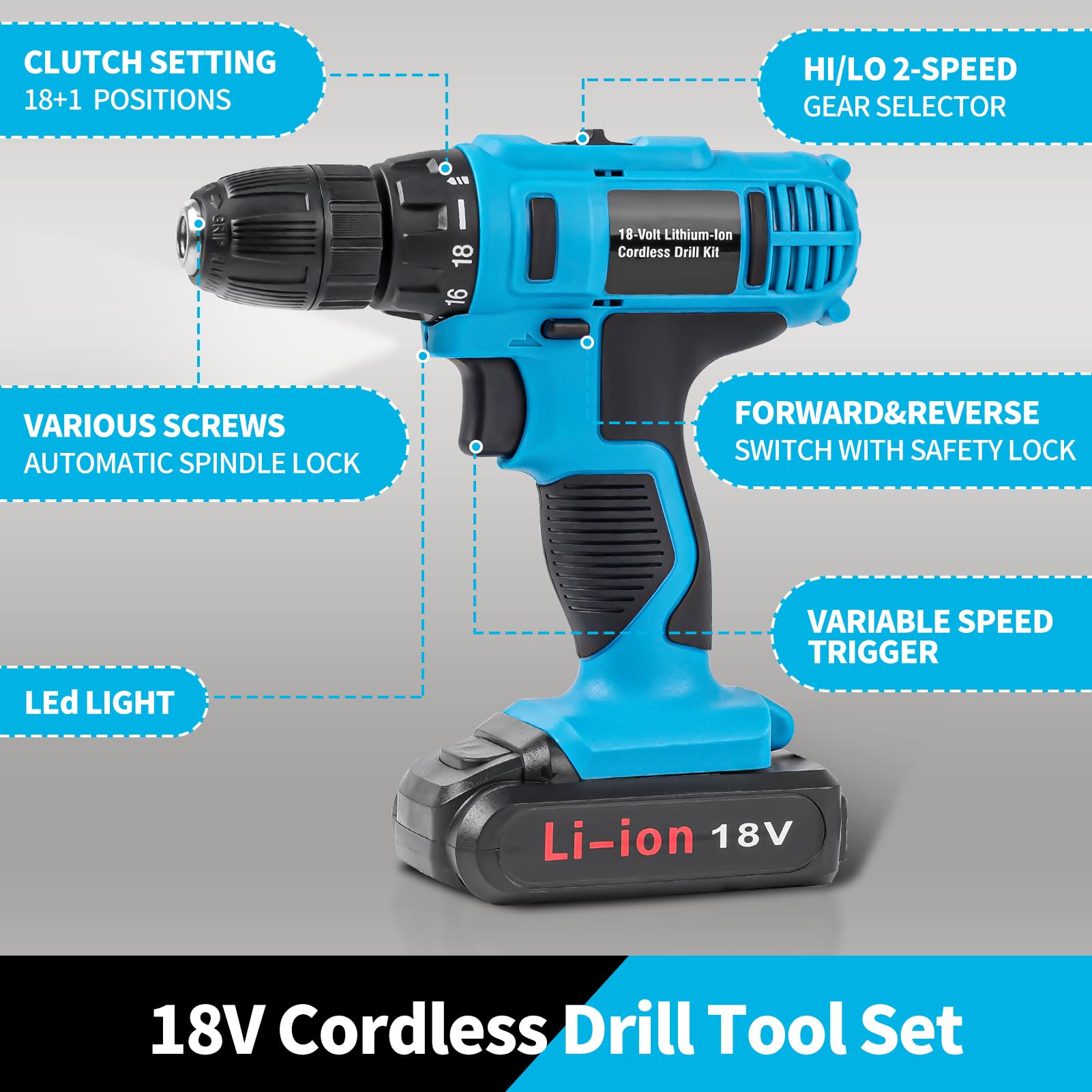Power Tool Set with 18V Cordless Drill, Electric Power Drill Set, Tool ...