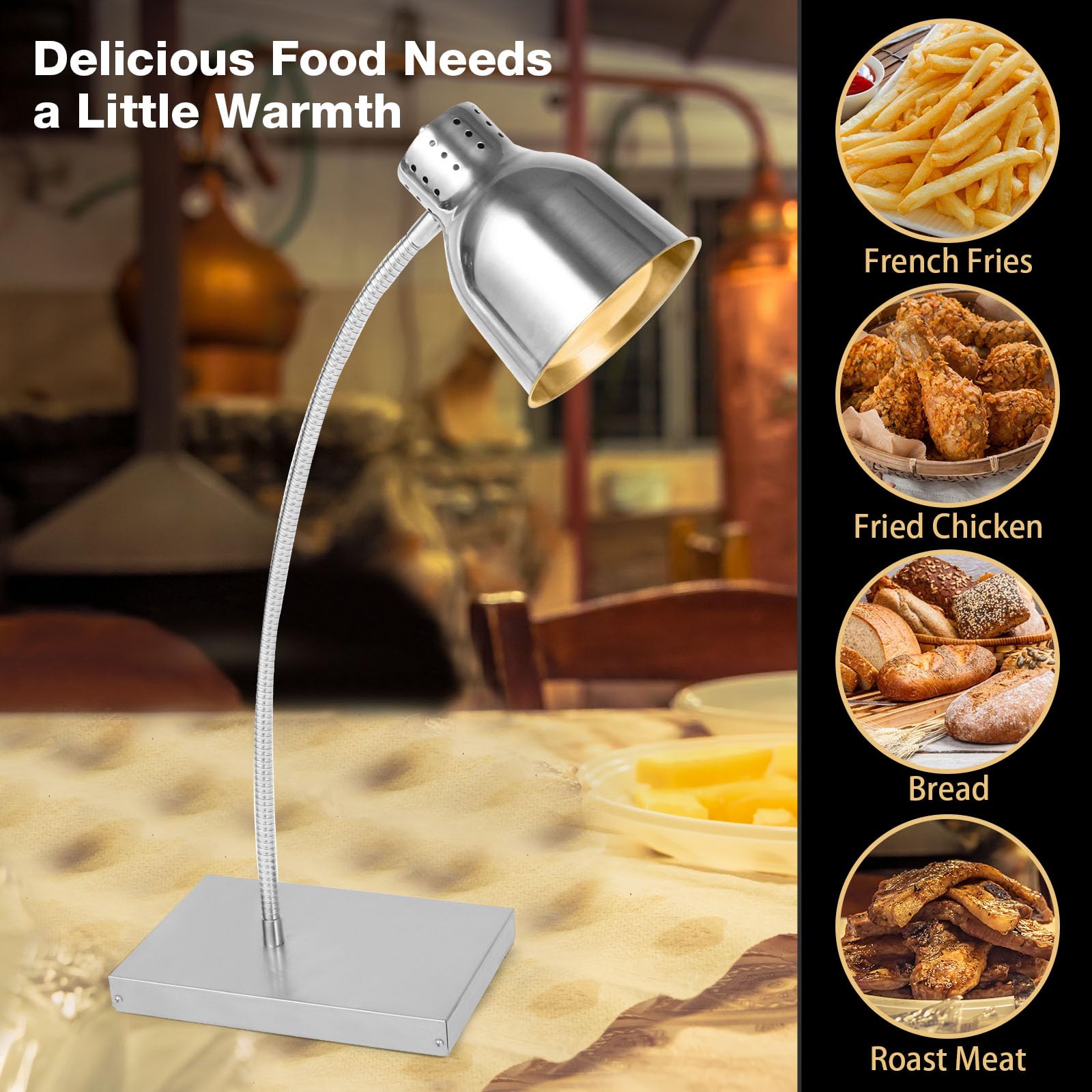 Restlrious Food Heat Lamp with 250w Bulb, Commercial Stainless Steel ...