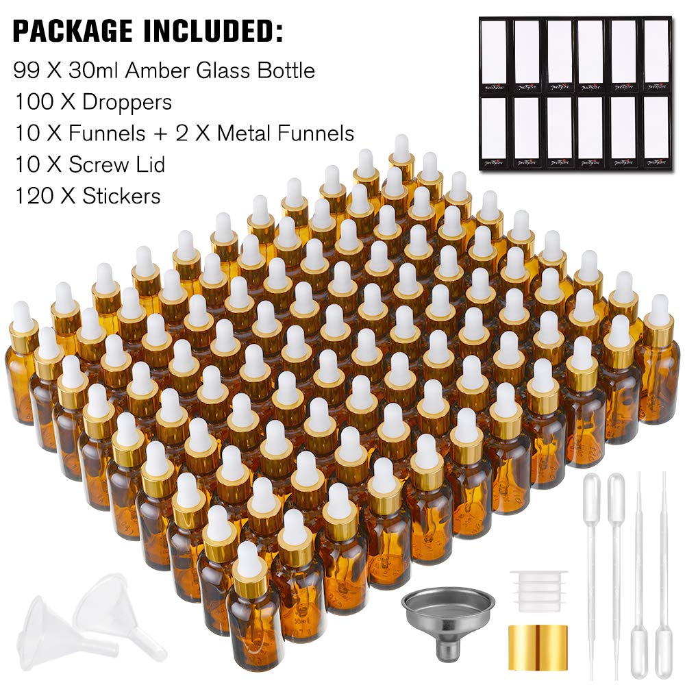 PrettyCare Eye Dropper Bottle 1 oz (99 Pack Amber Glass Bottles 30ml ...