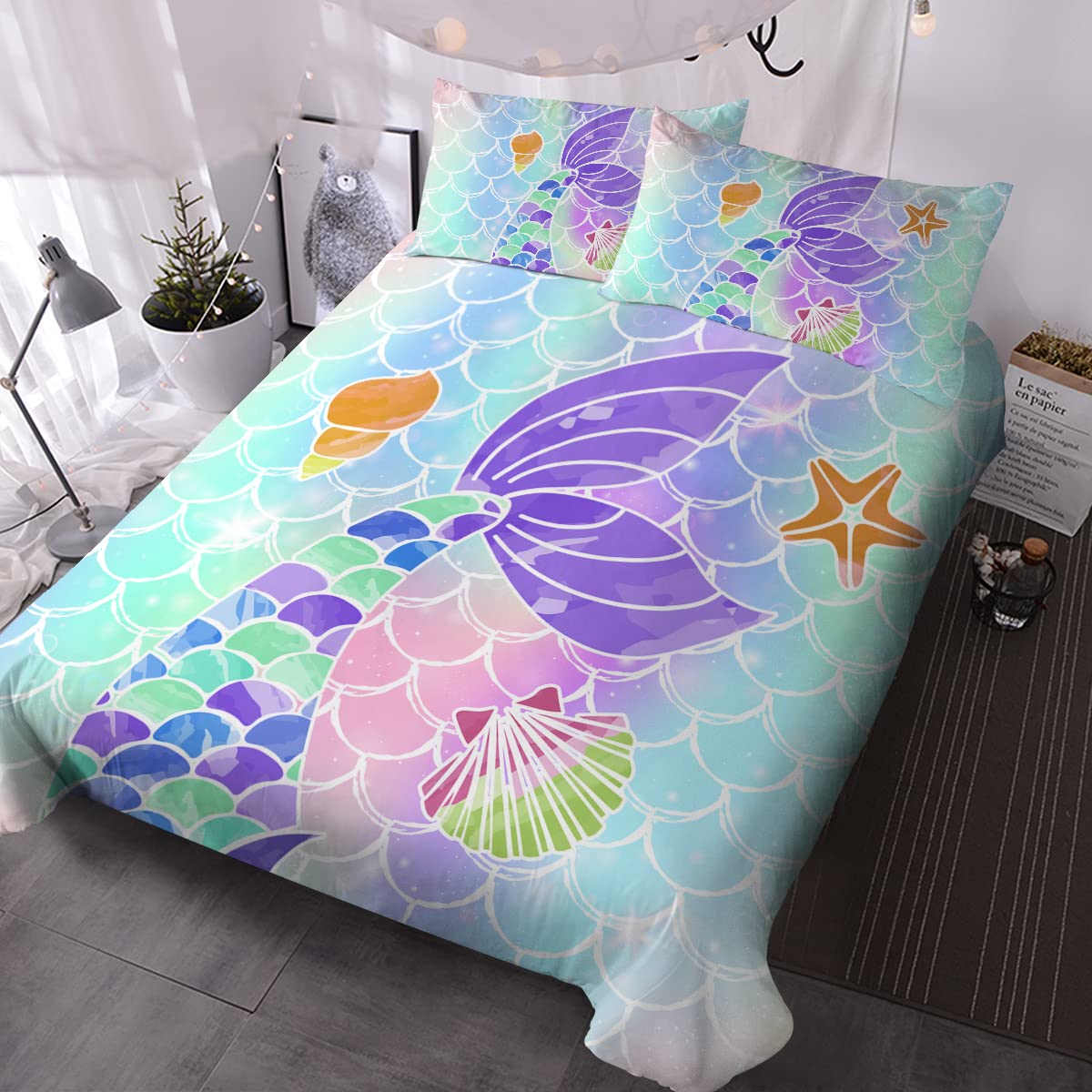 BlessLiving Mermaid Tail Bedding Set for Kids Girls, Mermaid Pattern In ...