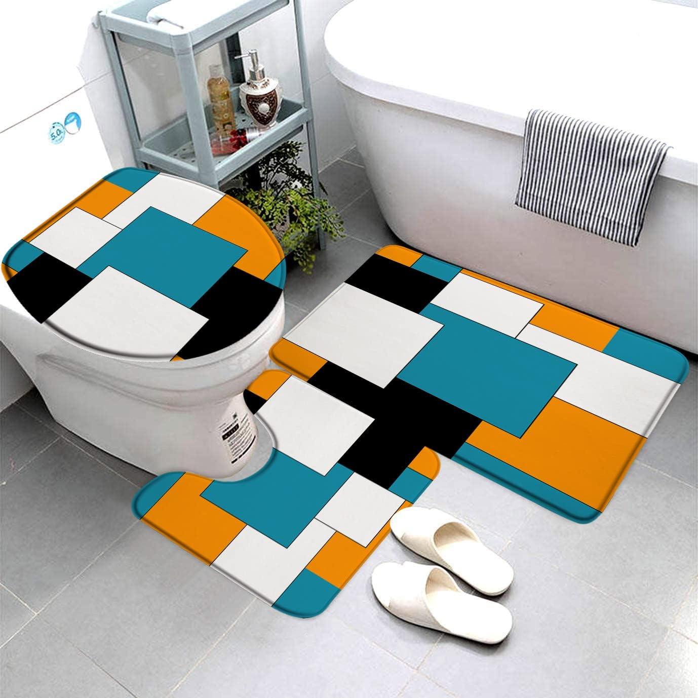 Amazon.com: Abstract Geometric Bath Mat 3 Piece Set Bathroom Rug Orange ...
