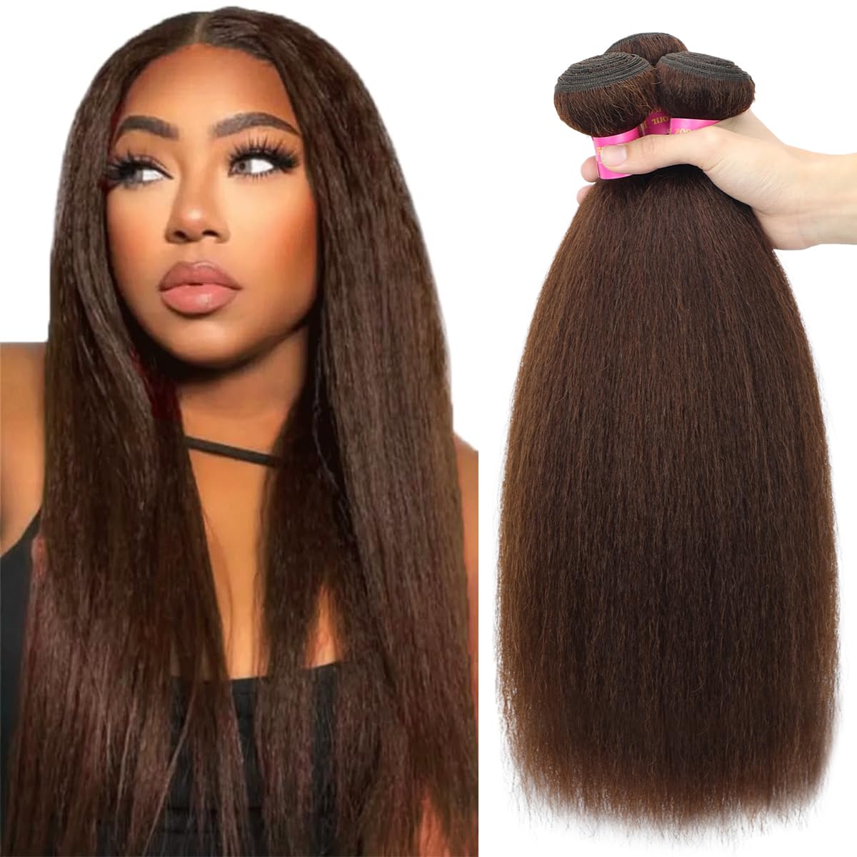 Amazon.com : Brown Kinky Straight Hair 3 Bundles Yaki Straight Bundles Human Hair 18 20 22 inch ...