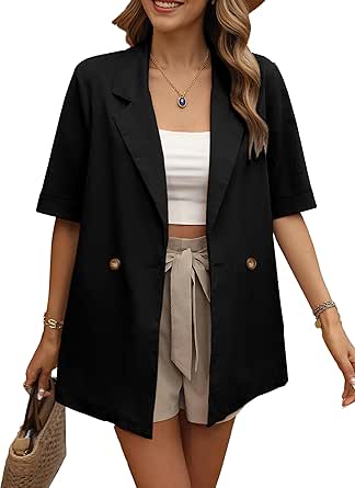 VAKEY Casual Oversized Blazers for Women Short Sleeve Lapel Open Front ...