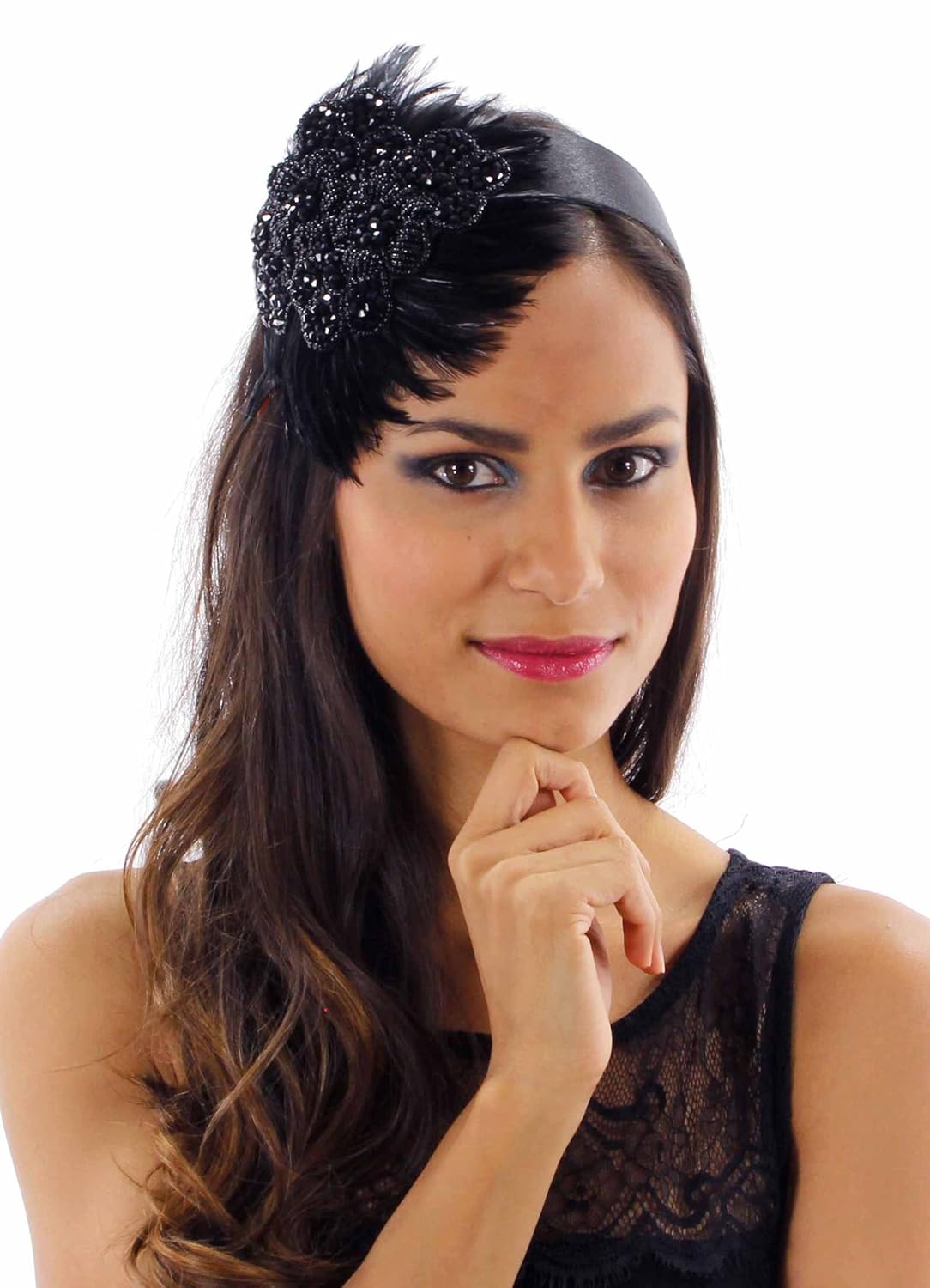 Amazon.com: Gatsby Glamour Beaded and Feathered Headband (Black, One ...