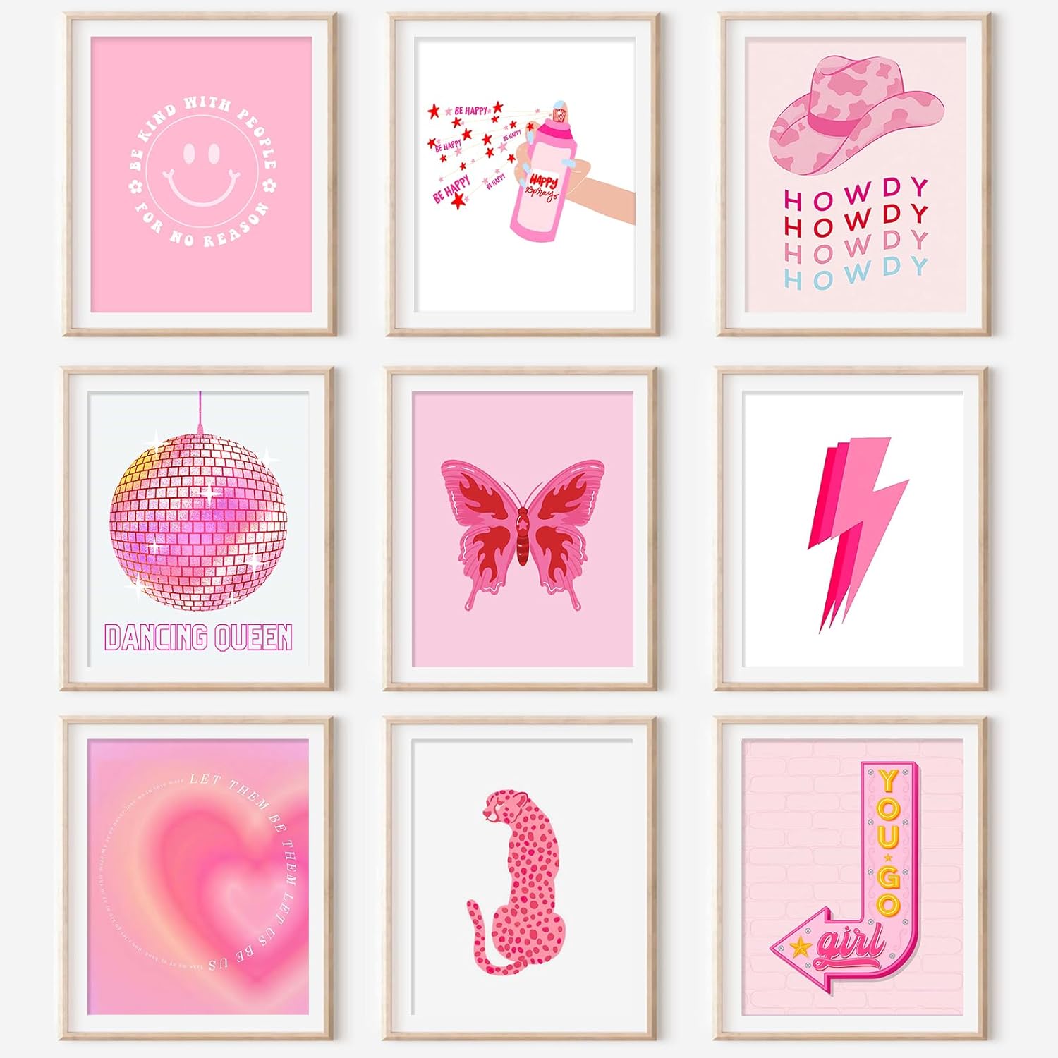 GENSTEUO 9Pcs Pink Preppy Room Decor Aesthetic, Hot Pink Wall Art ...
