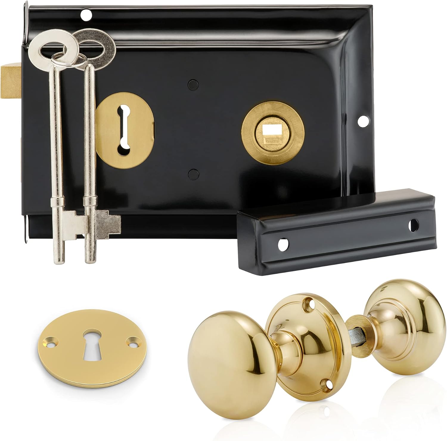 XFORT Premium Range 6"x 4" Traditional Black Rim Lock Set with Polished ...