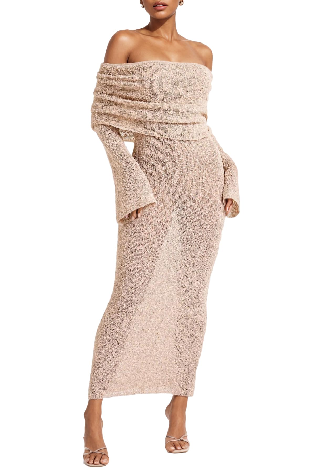 Amazon.com: LETSVDO Women's Off Shoulder Maxi Dress Long Sleeve Bodycon ...