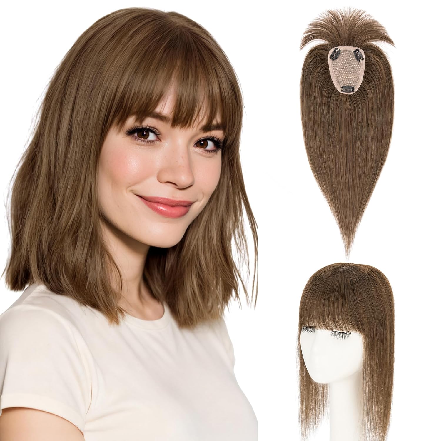 Amazon.com : Hairro Human Hair Toppers with Wispy Bangs, 3.5x4.7 Hand ...