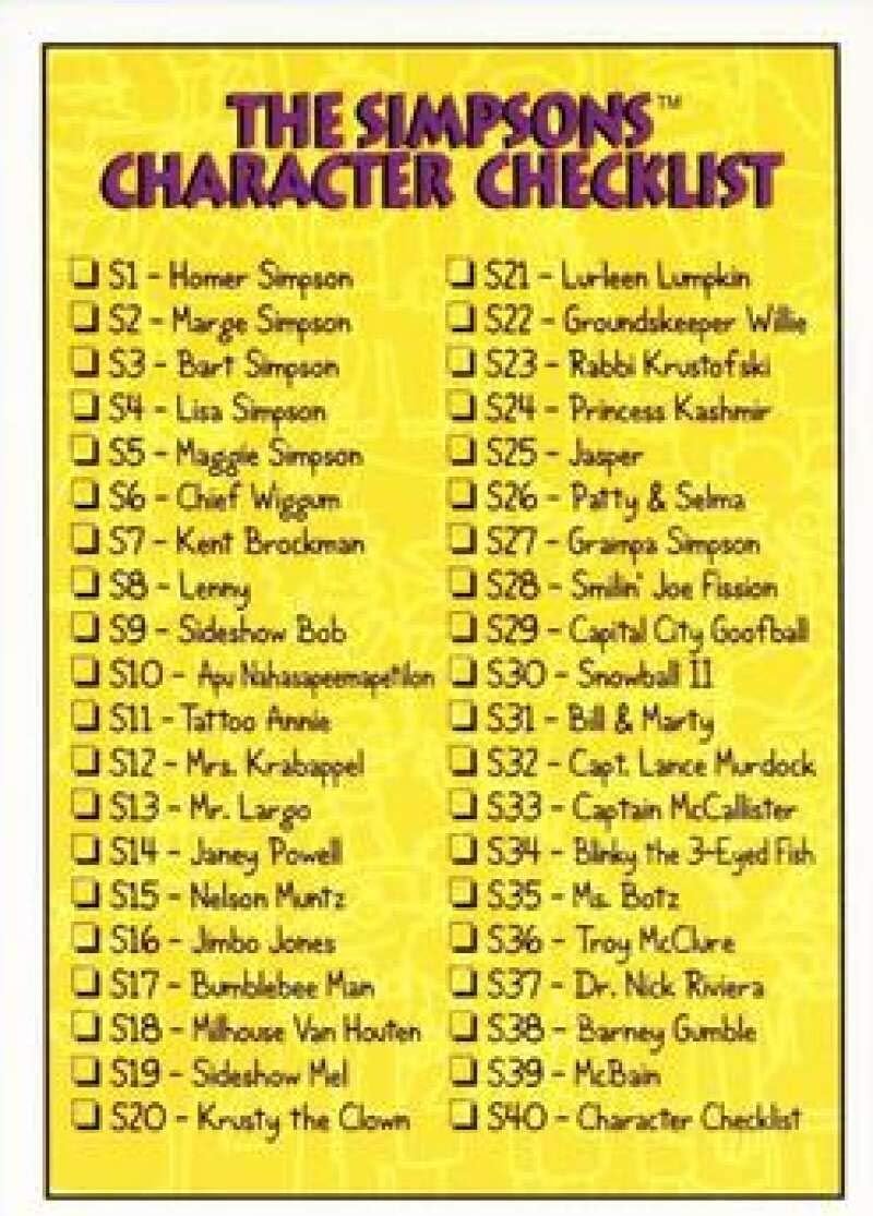 1993 SkyBox The Simpsons Character NonSport Trading Card #S40 Checklist ...
