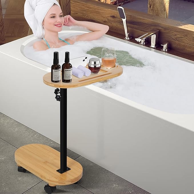Amazon.com: Side Tub Table with Wheel Bamboo Bathtub Caddy Tray,Bathtub ...