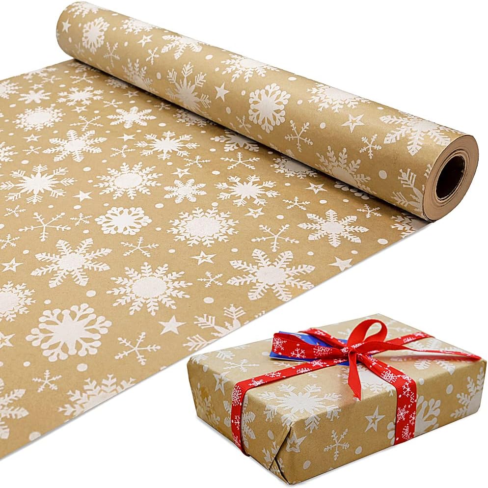 15m Roll of Kraft White Snowflake Wrapping Paper Roll,100% Recyclable ...
