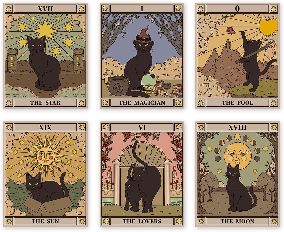 Amazon.com: XUOIAYNB Black Cat Tarot Art Prints- Retro The Sun Moon Star Lovers Fool Magician ...