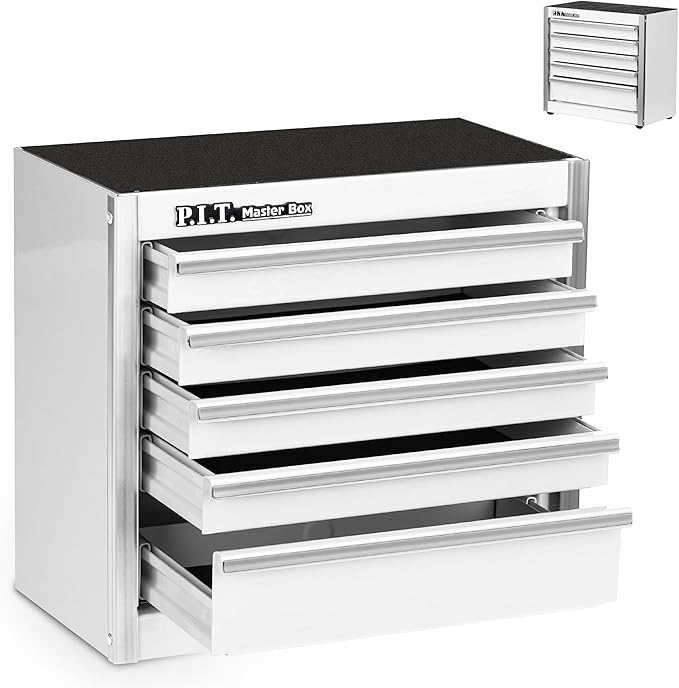 P.I.T. Mini White Tool Box, Portable 5-Drawer Micro Roll Cab Steel ...