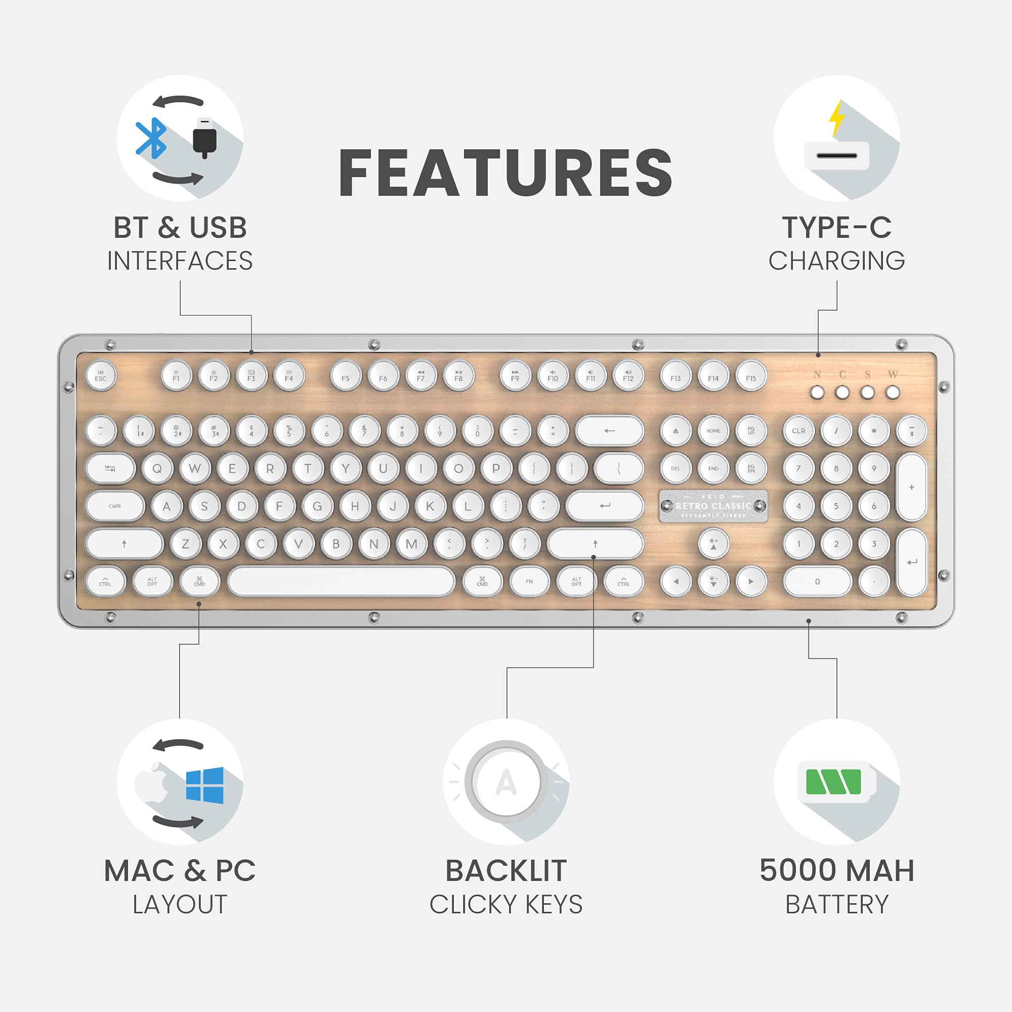 Azio Retro Classic Bluetooth (Maple) - Luxury Vintage Backlit ...