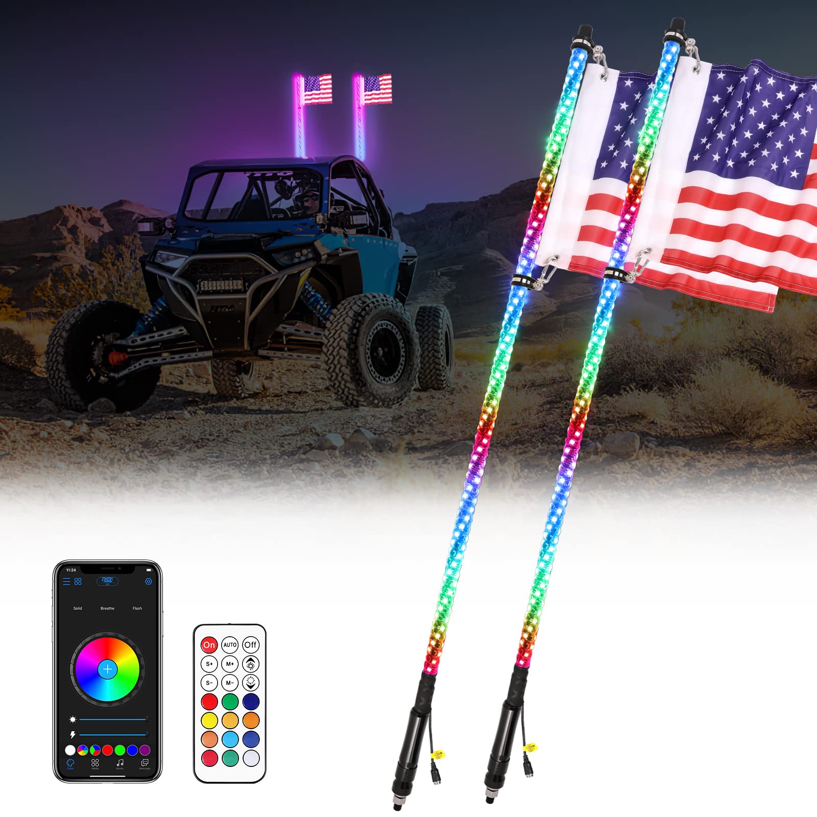 Amazon.com: AUTRUDGE 2PCS 4FT Lighted Whips for UTV Spiral RGB LED Whip ...