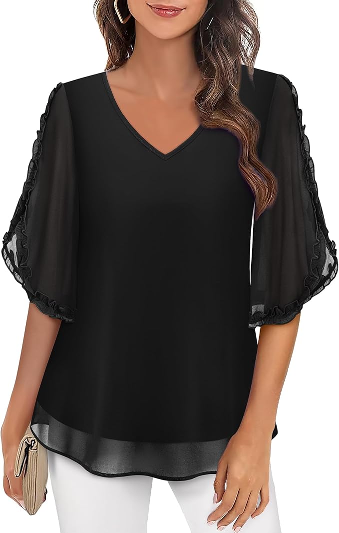 Messic Chiffon Blouses for Women: Dressy Black Tops for Women - Womens ...