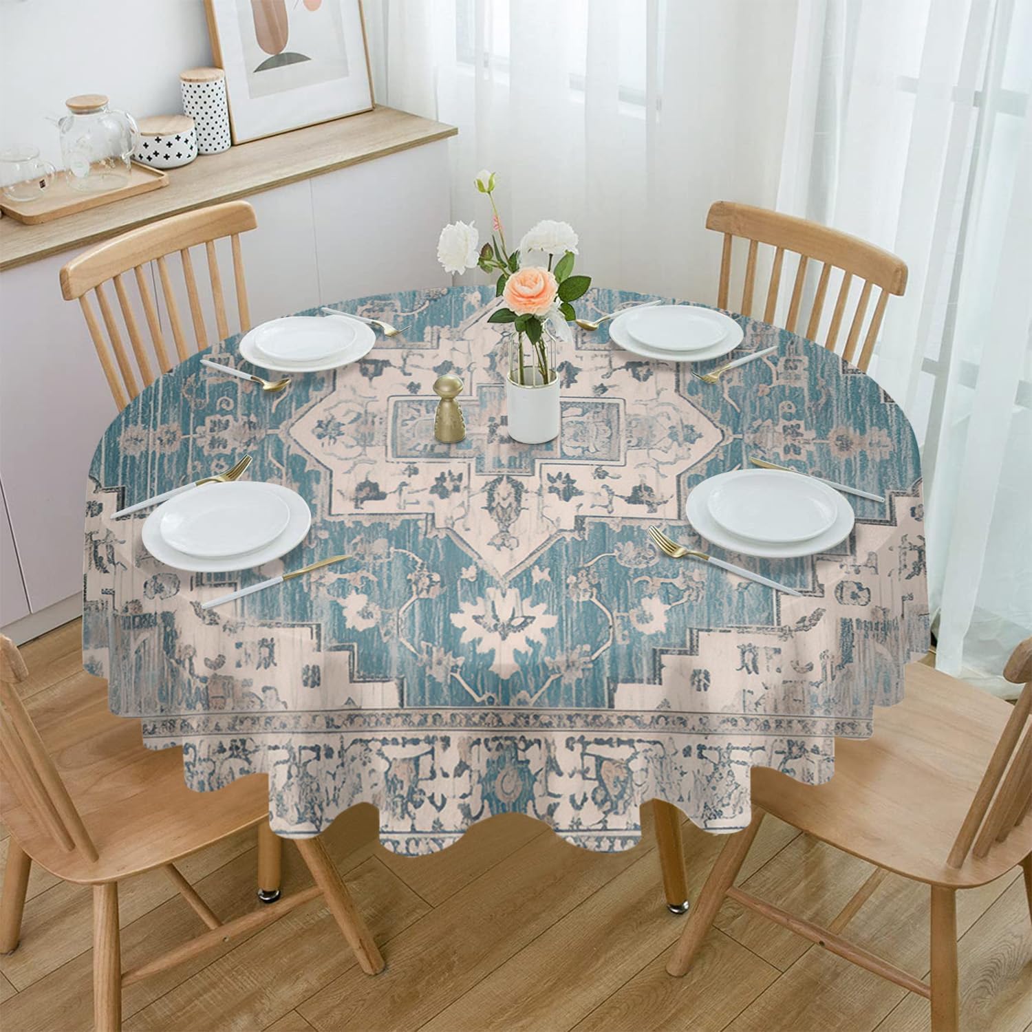 Amazon.com: DecorLovee Boho Blue Round Tablecloth 54 Inch - Waterproof ...