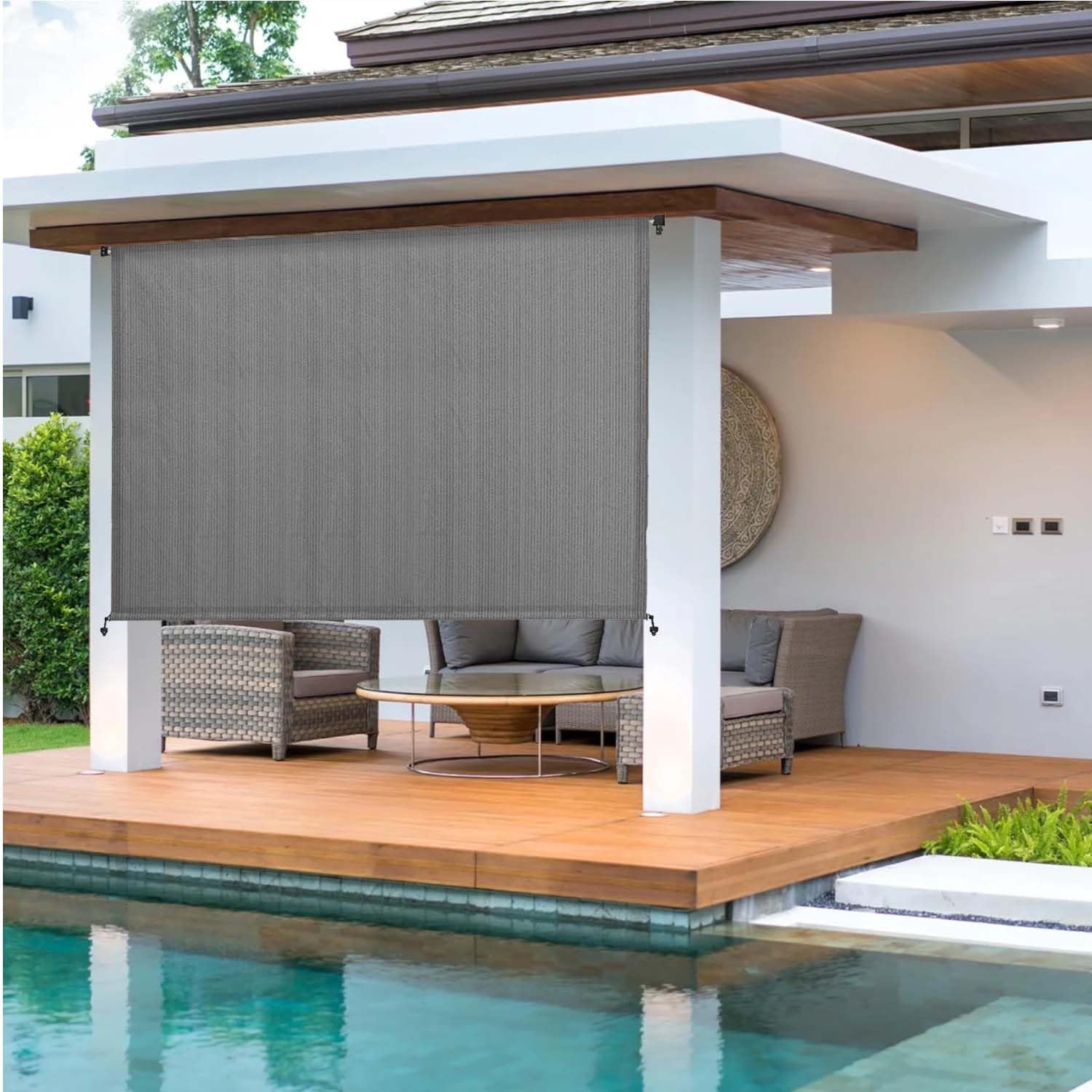 Outdoor Roller Shade For Patio Cordless Patio Blinds With Metal Crank Uv