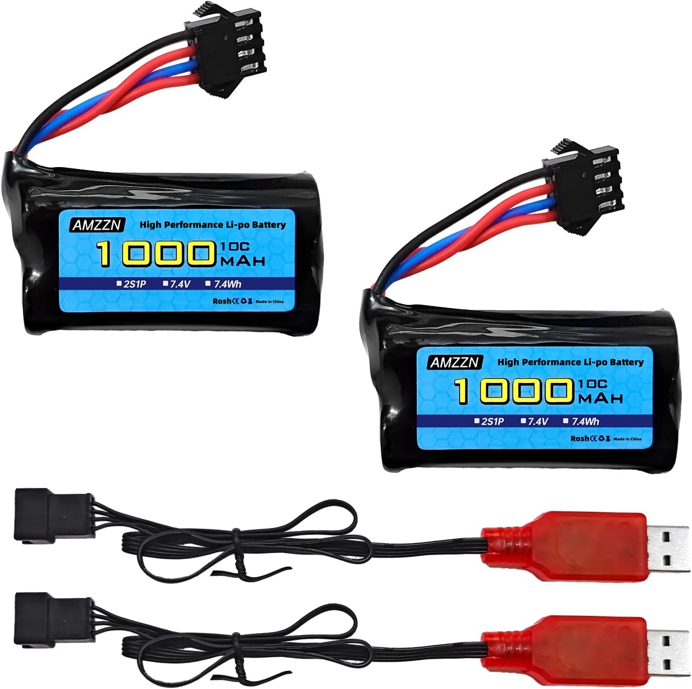 Amazon.com: AMZZN 2PCS 7.4V 2S 1000mAh Lipo Battery SM-4P Plug with USB ...