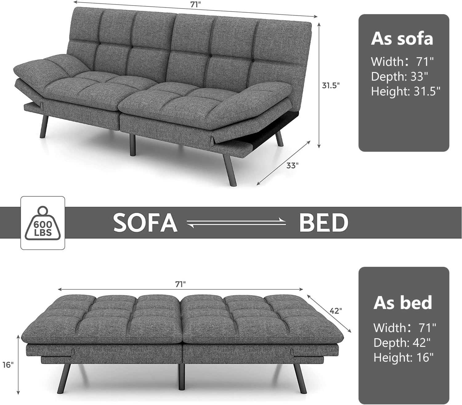 Fabric Memory Foam Convertible Loveseat Daybed in Dark Grey
