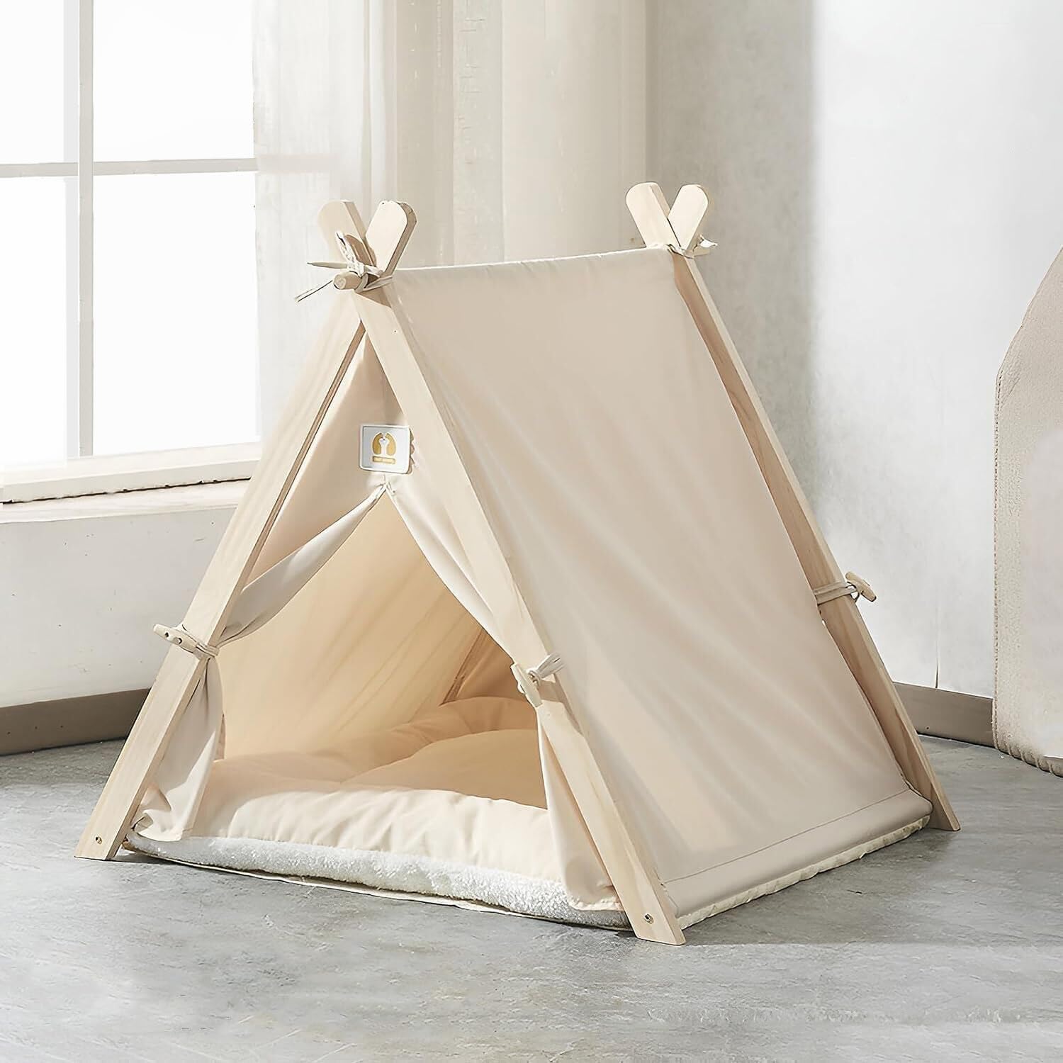 KHCY Cat Tent & Dog Tent, Wooden Triangular Pet House with Soft Cushion ...