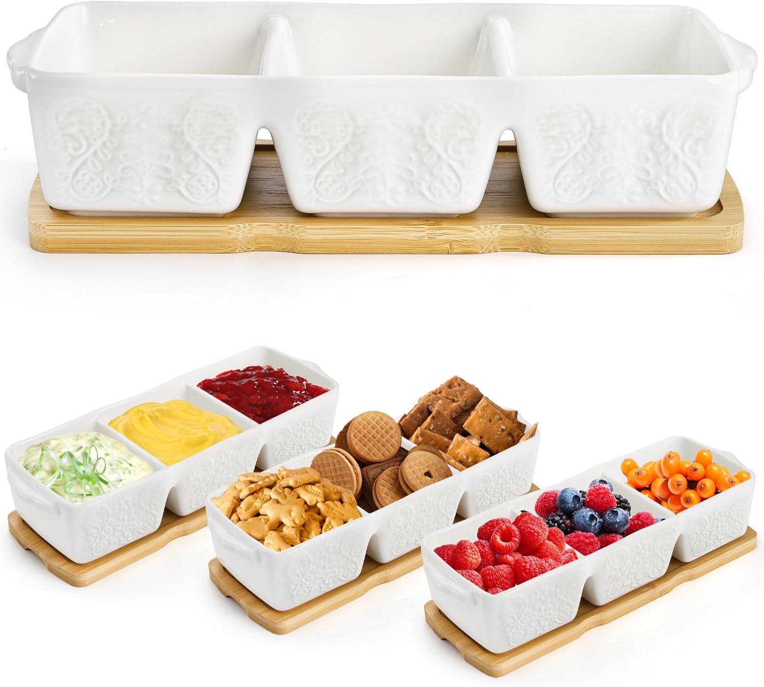 Amazon.com | ZENFUN Chip & Dip Serving Set, 3-Compartment Serving Tray ...