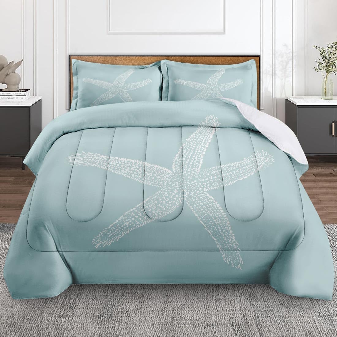 Amazon.com: Culudea Blue Starfish Sea Comforter Set Full Size Bedding ...