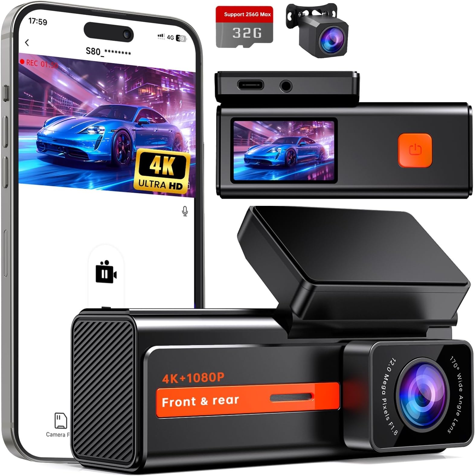 Amazon.com: Ecomoment Dash Cam Front and Rear, 4k+1080P Dual Dash ...