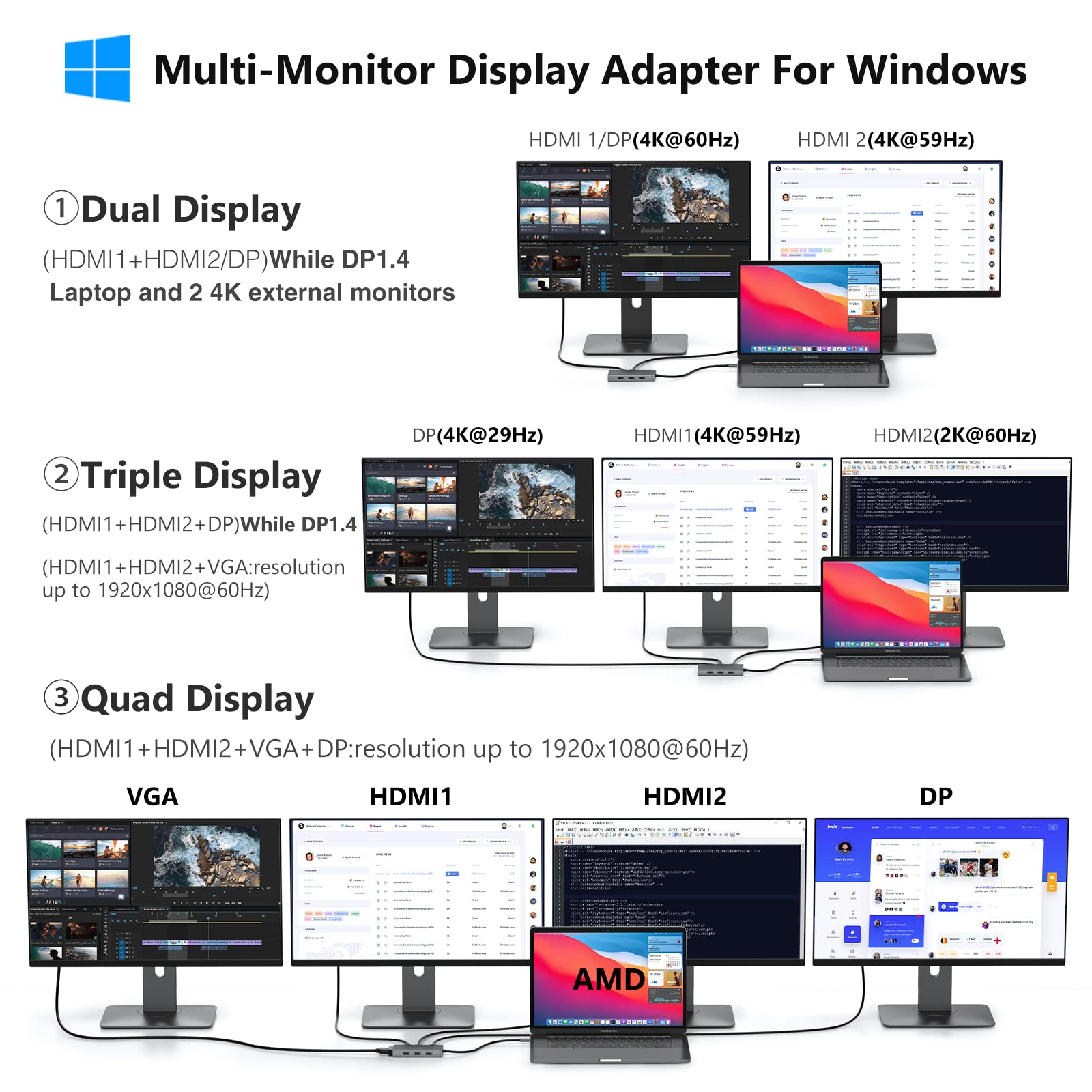 Snapklik.com : ABIWAZY USB C Docking Station Dual Monitor Adapter For ...