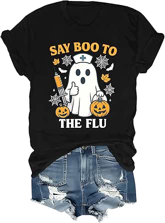 Amazon.com: Say Boo to The Flu Halloween Nurse T-Shirt Ghost Nurse ...