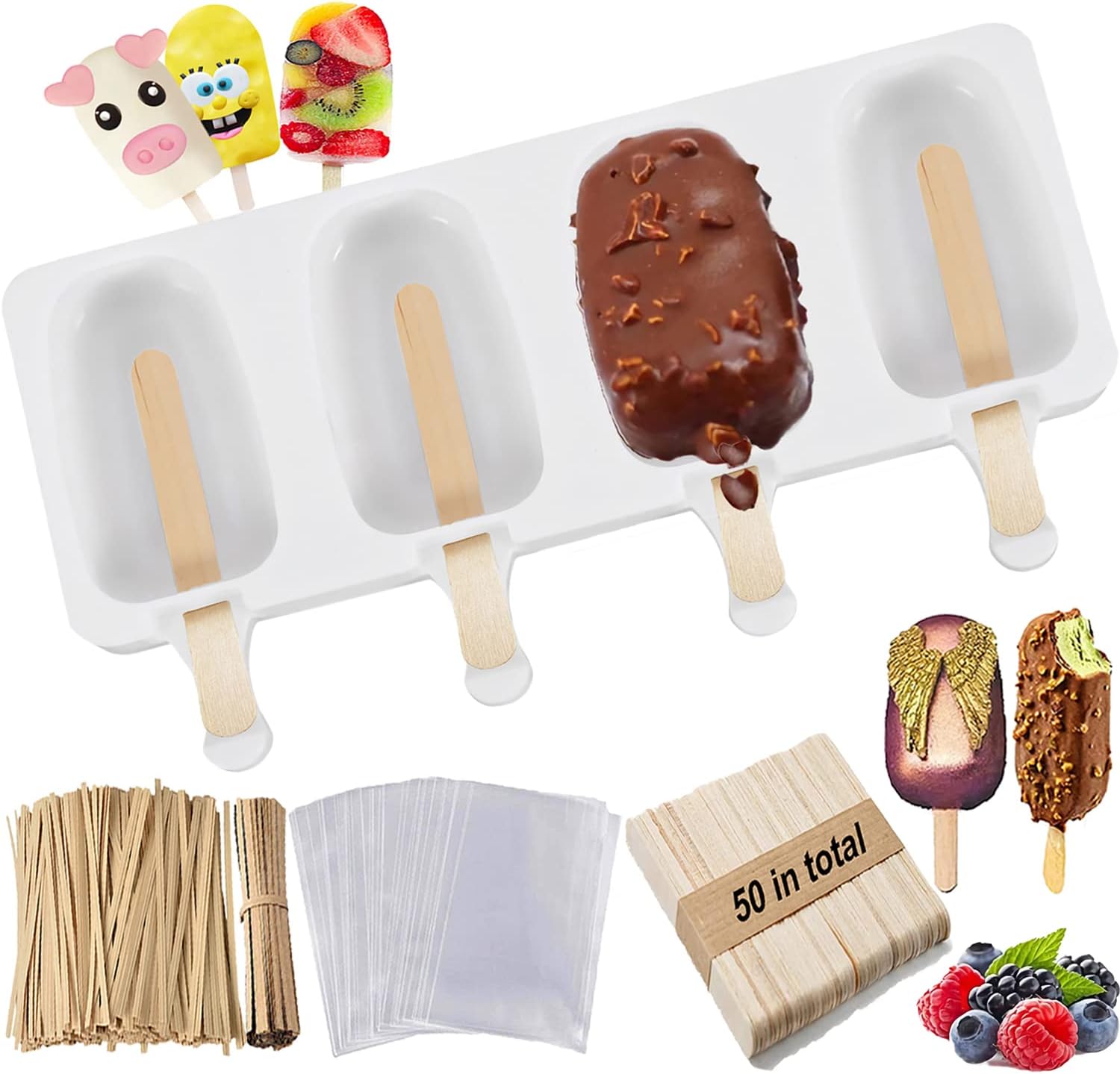 Vinsani Silicone 2 x 4 Cavity Ice Lolly Makers with 100 Sticks, Food ...