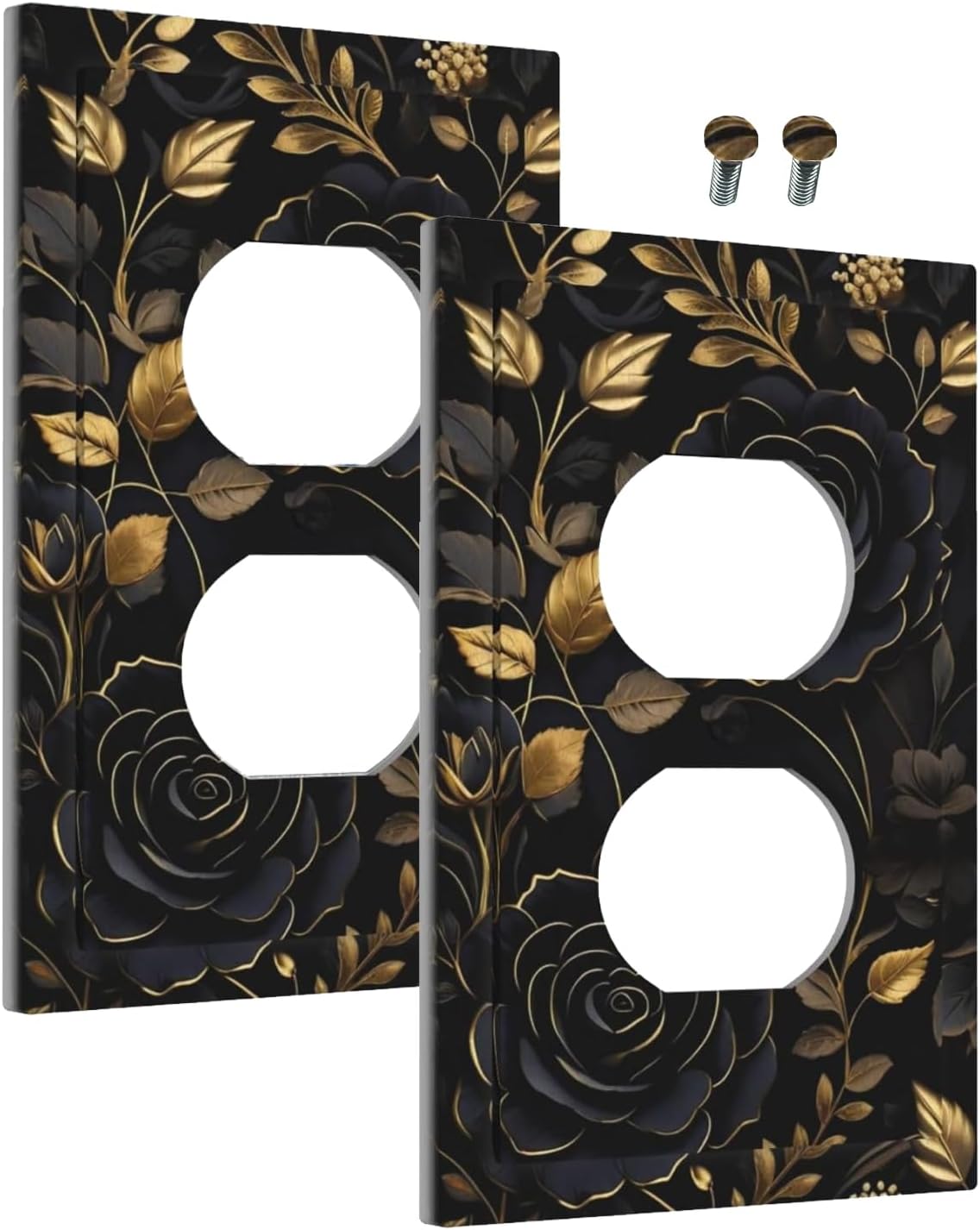WMHUSU Decorative Outlet Covers Art Big Black Flowers Golden Leaves 1 ...