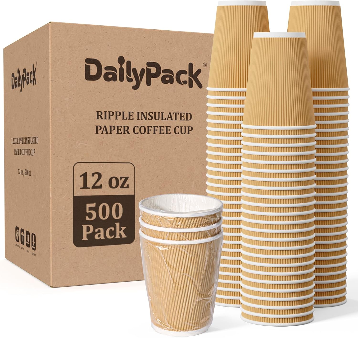 Amazon.com: DAILYPACK 500 Pack 12 oz Paper Coffee Cups, Ripple ...