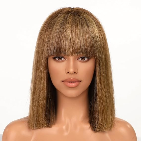 Amazon.com : ELLORS 12 Inch Highlight Ombre Bob Wig with Bangs Human ...