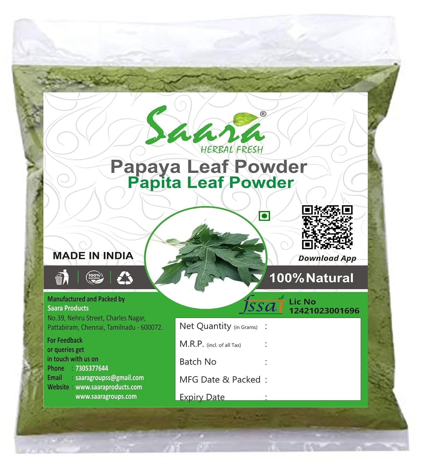 Saara HERBAL FRESH Papaya Leaf Powder, 50g, Papita leaf Powder, Carica ...