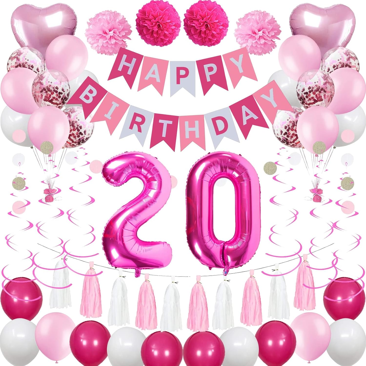 Amazon.com: Sweet 20th Birthday Decorations for Women, Pink and White ...
