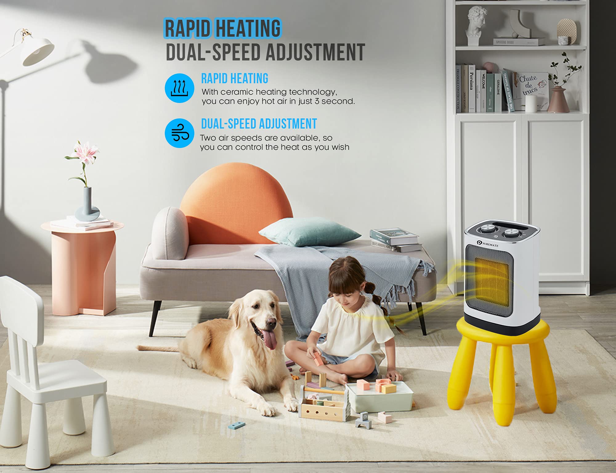 PureMate Ceramic Fan Heater, 1800W Portable Electric Heater with 2 Heat ...