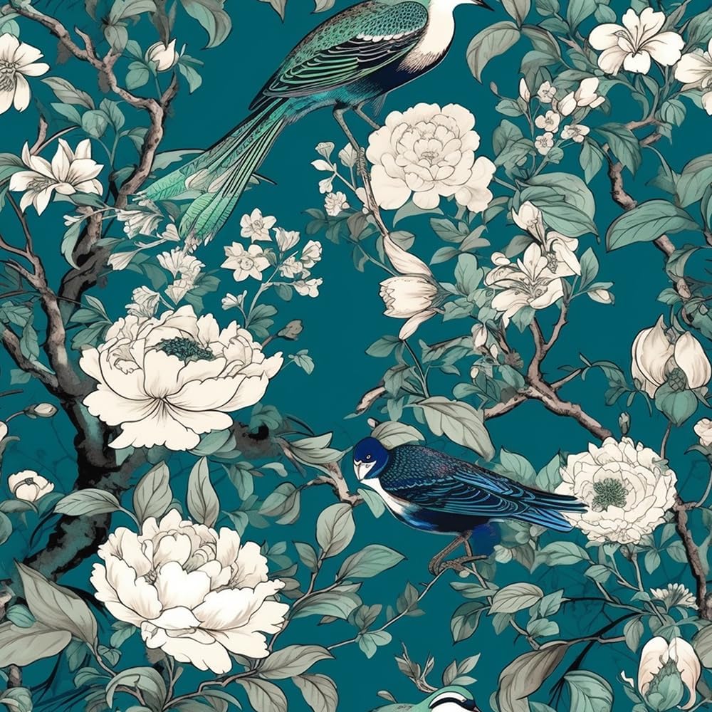 REDAMANCY Vintage Teal Blue White Floral Branches Bird Peel and Stick ...