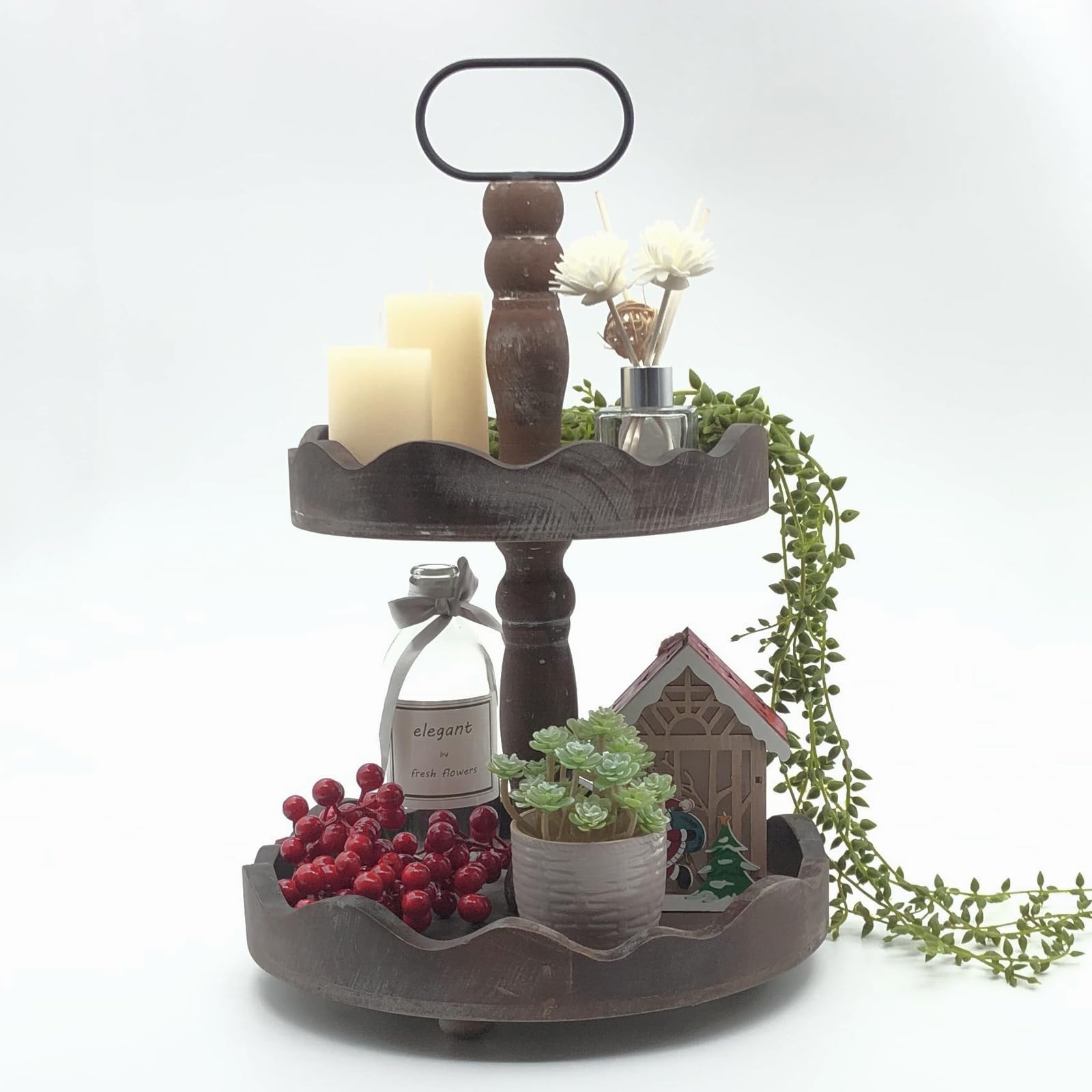 Amazon.com: Dugunusu Farmhouse Two Tiered Tray Stand, Round Rustic Wood ...