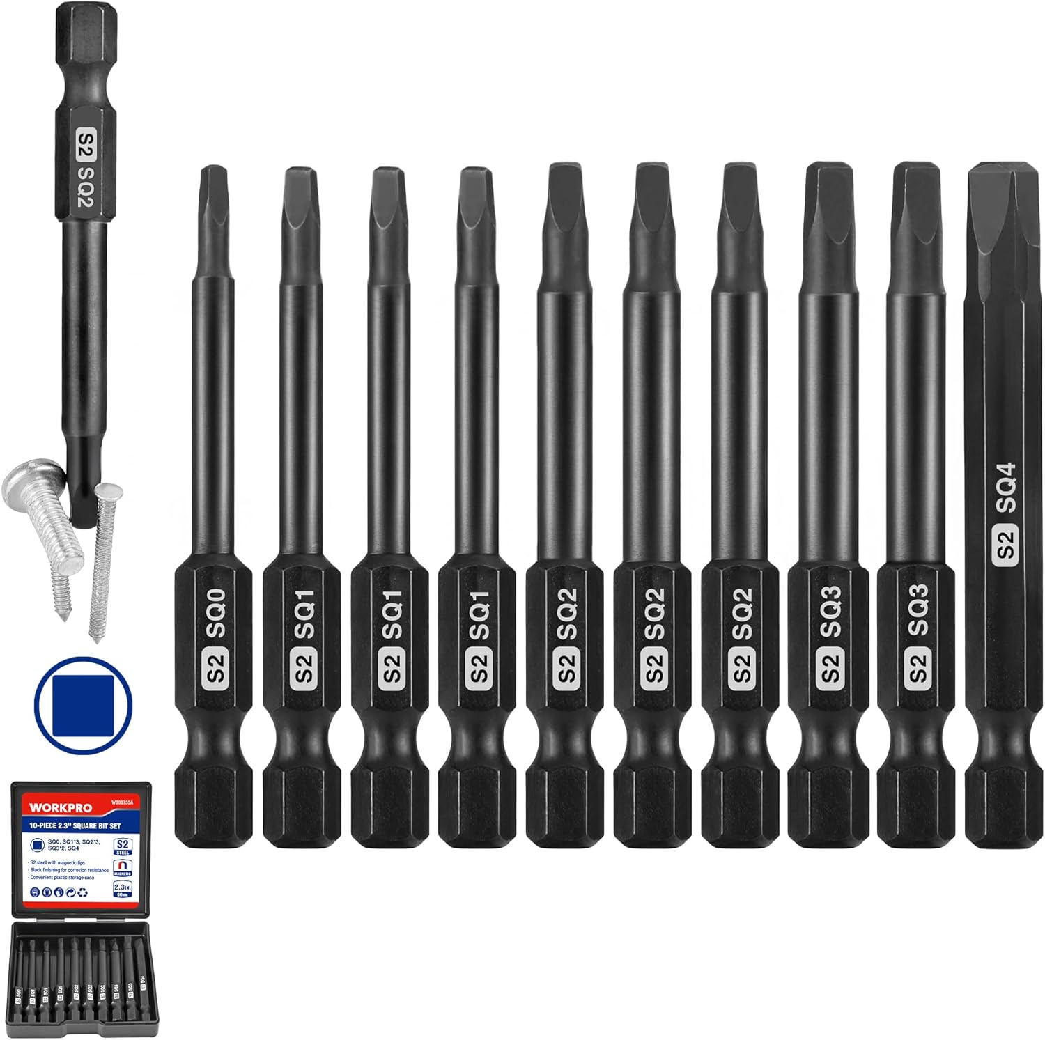 WORKPRO 10pcs Square Bit Set, CNC Machined S2 Steel Magnetic ...