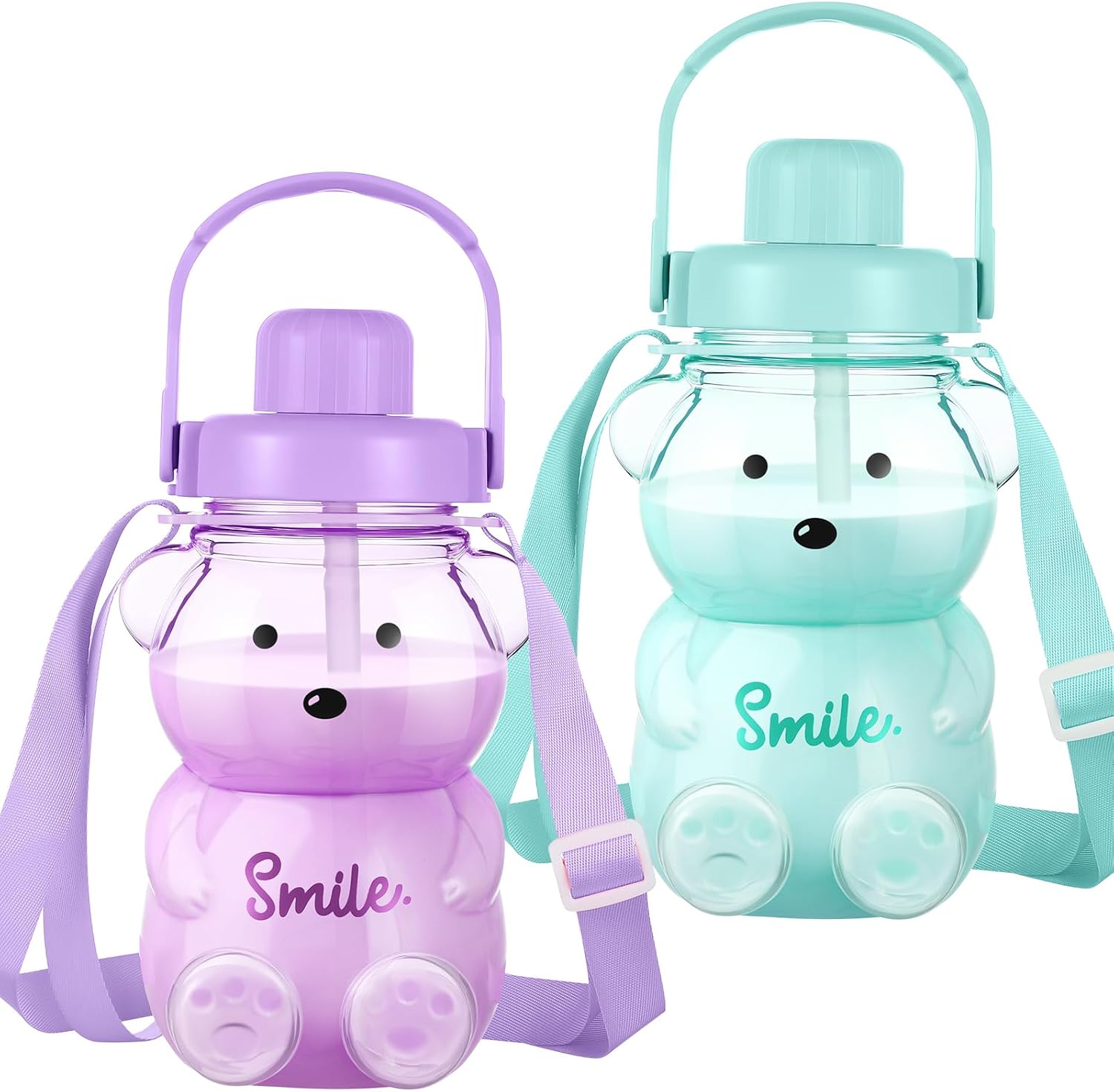 Amazon.com: 2 Pcs Cute Bear Water Bottle with Strap and Straw, 35oz ...