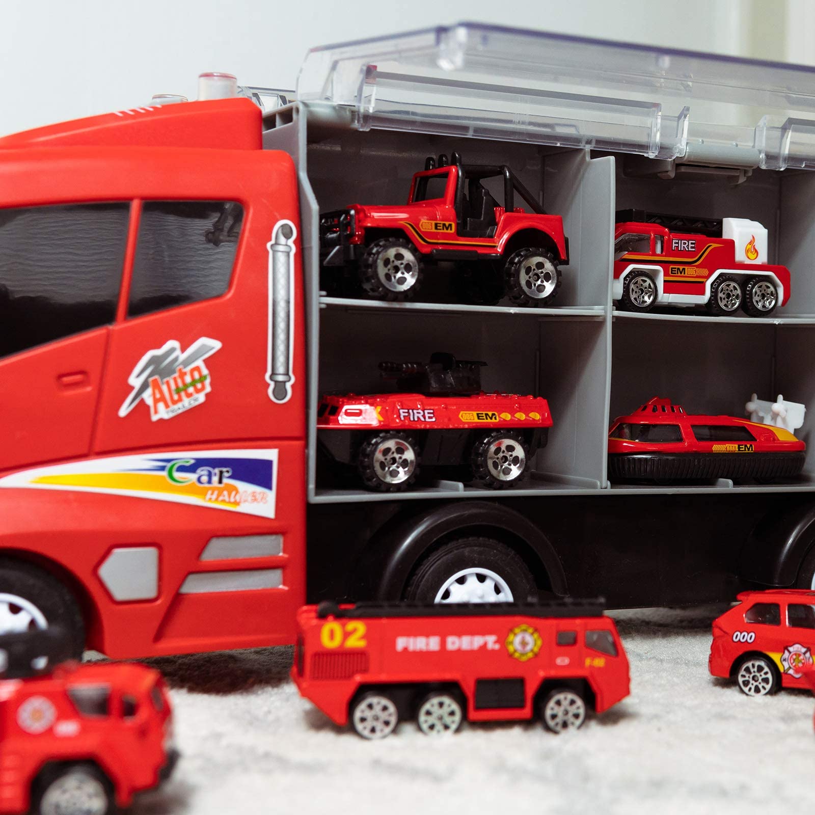 FUN LITTLE TOYS 12 in 1 Die-cast Fire Truck Toys, 16" Transport Fire ...